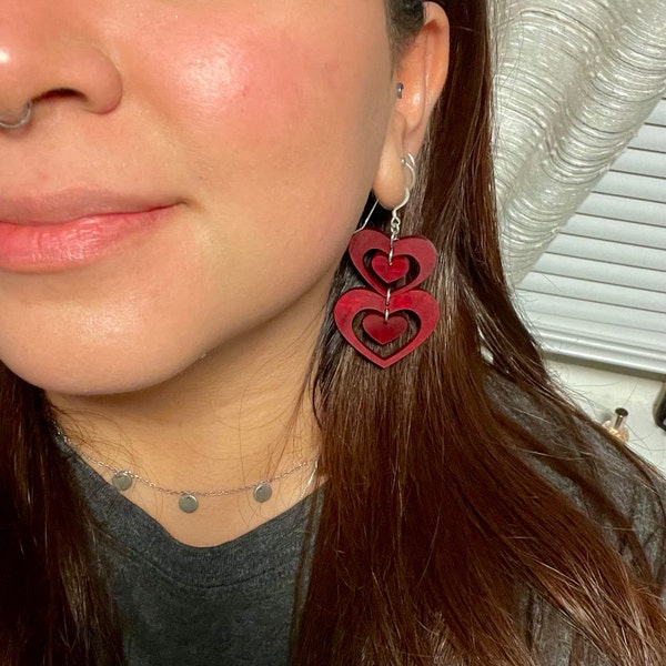 Red Nesting Hearts Acrylic Earrings, Laser Cut Love Statement Earrings ...
