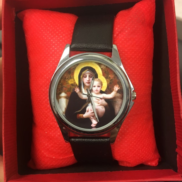 Unisex Leather Watch - Virgin of the Lilies by Bouguereau - Catholic ...