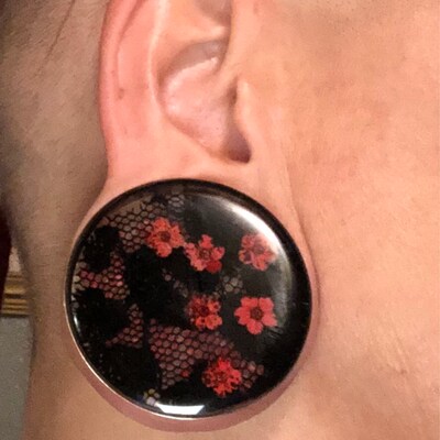 Plugs Deep RED and WHITE Real Dried FLOWERS Handmade Gauges 4g to 2 ...