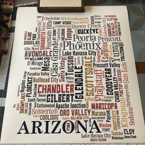 Arizona Map Art, Arizona Art Print, Arizona State Map, Arizona ...