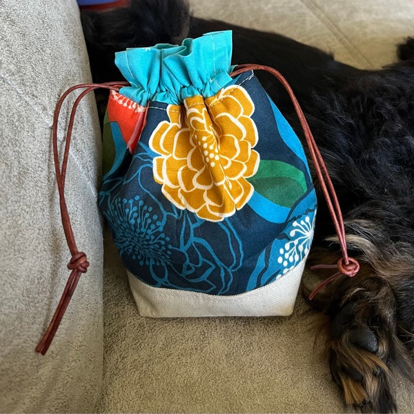 Blue Drawstring Project Bag Small Knitting, Crochet Bag Yarn Storage ...