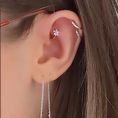 Tiny CZ Flower Huggie Hoop, 6mm Hoop, Tragus Hoop, Rook Hoop, Forward ...