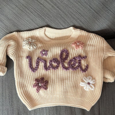 Beige Personalised Baby Name Jumper Hand Embroidered Chunky Knit ...