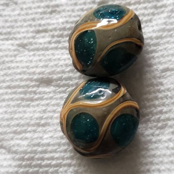Teal Glass Lampwork Beads, Dark Silver Lentil, Wheat Ribboning ...