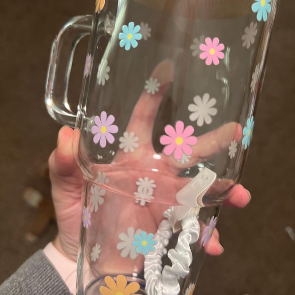 Flower Glass Cup, Large Glass With Handle, Trendy Cup With Lid and ...
