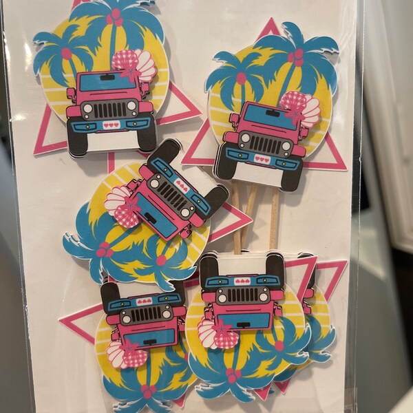 Pink Jeep Cupcake Toppers, Girly Birthday Party, Pink Tropical Beach ...