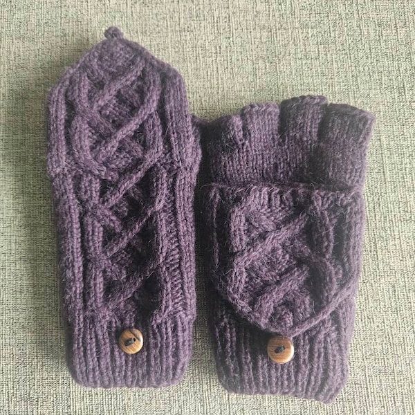 Hand Knit Gray Flower Fingerless Gloves Wool Texting Mittens Fleece ...