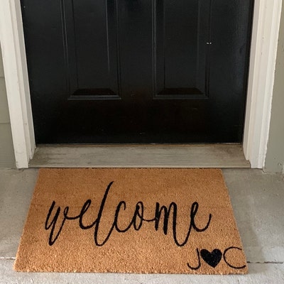 Welcome With Heart and Initials Welcome Mat Front Porch Decor Cute ...