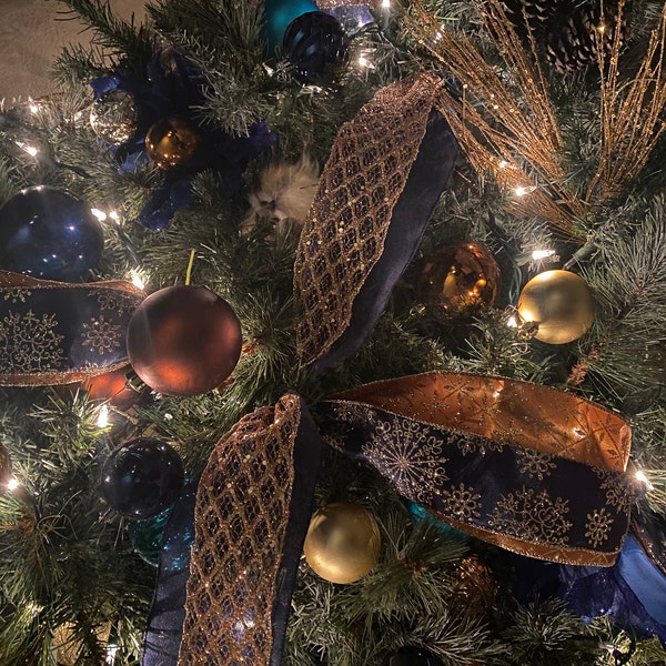 4wx10yds D Stevens Blue Gold Striped Christmas Luxury Wired Ribbon - Etsy