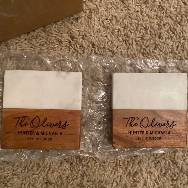 Marble and Wood Engraved Coaster Set, Marble Coasters, Engraved Coasters, Personalized Coaster ...