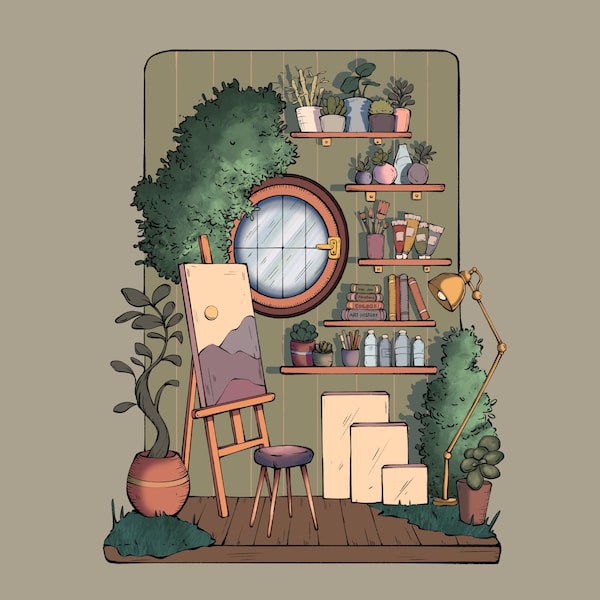 Atelier Interior Coloring Pages, Cozy, Plants, Room, Furniture ...