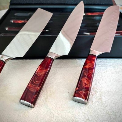 Stunning 8-piece Crimson Red Kitchen Knife Set With Damascus Pattern ...
