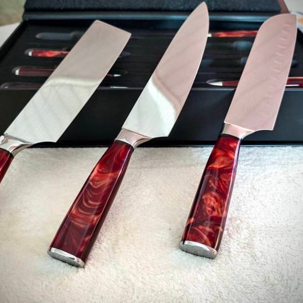 Stunning 8-piece Crimson Red Kitchen Knife Set With Damascus Pattern ...