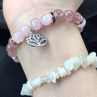 STRAWBERRY & ROSE QUARTZ Crystal Bracelet Lotus Flower, Round Beads ...
