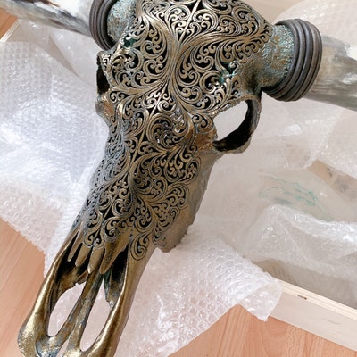 Real Buffalo Skull on Pedestal, Buffalo Skull Decorated Metalized ...