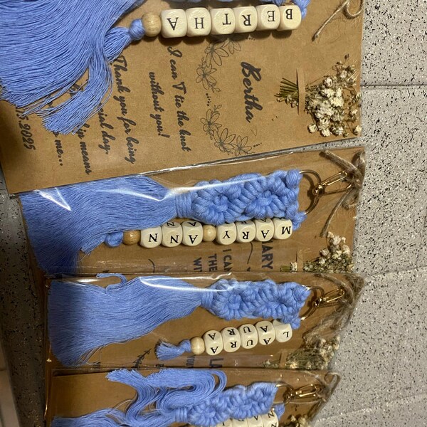 Macrame Name Keychain for Bridesmaid With Card and Flower, Custom ...