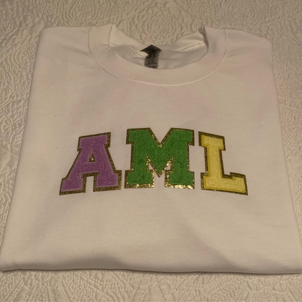 Custom Chenille Patch Sweatshirts | Glitter & Chenille Varsity Letter Patch Crewneck Sweatshirt ...