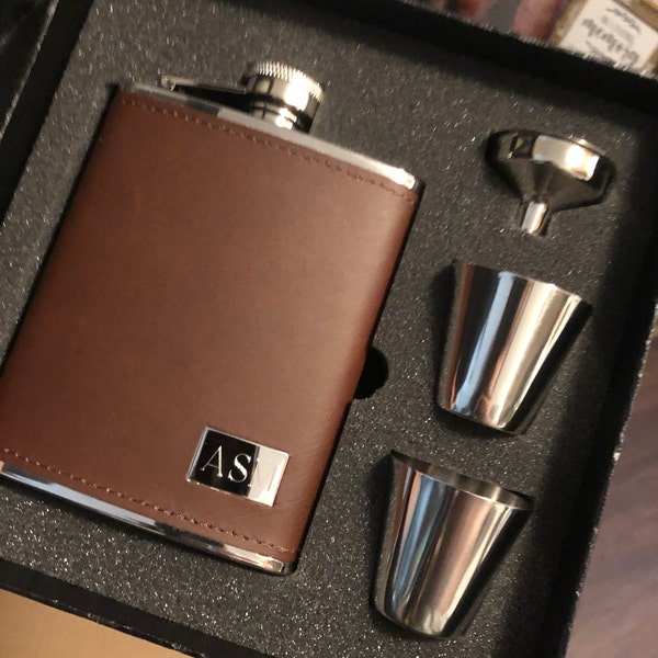 Personalized Flask Set, 6oz Brown Leather Stainless Steel Hip Flask ...