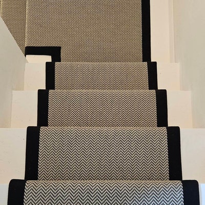 Black and White Herringbone Faux Sisal Carpet Stair Runner Black Cotton ...
