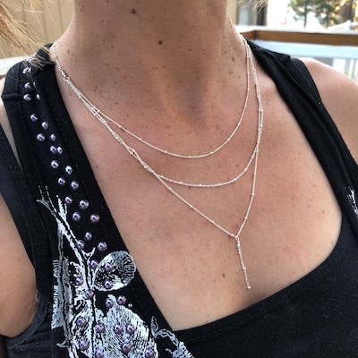 Layered Sterling Silver Chain Necklace, Delicate, Multi Strand Three ...