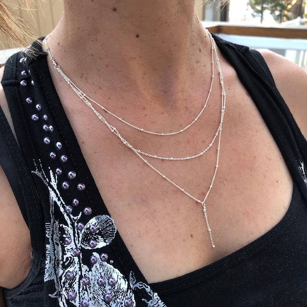 Layered Sterling Silver Chain Necklace, Delicate, Multi Strand Three ...