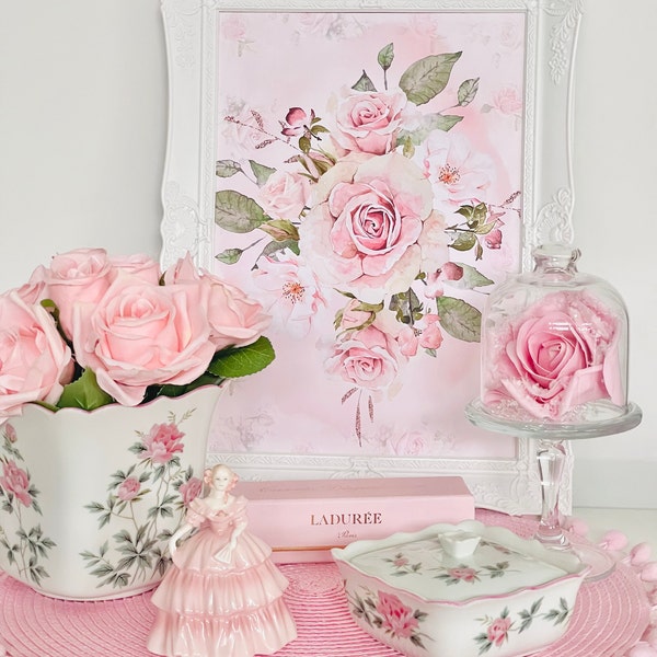 Blush Pink Rose Print Shabby Chic Floral Wall Art Nursery Decor Girl ...
