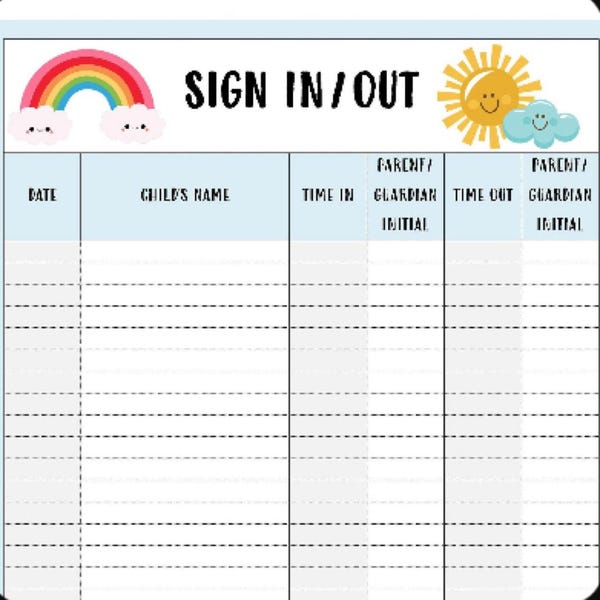 Daycare Nursery Weekly Sign In/out Sheet Digital Pdf/word Instant ...