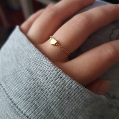 Heart Chain Ring. 14K Gold-filled Heart Charm. Stackable Ring, Promise ...