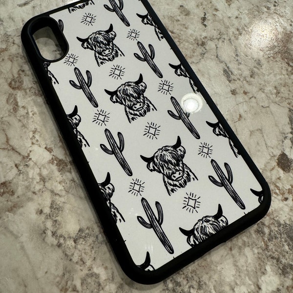 Highland Cow Cactus Phone Case / Black and White Phone Case / Cattle ...
