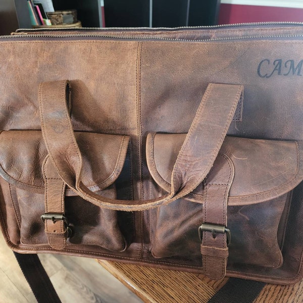 Personalized Large Leather Briefcase for Men, 17" Travel Leather ...
