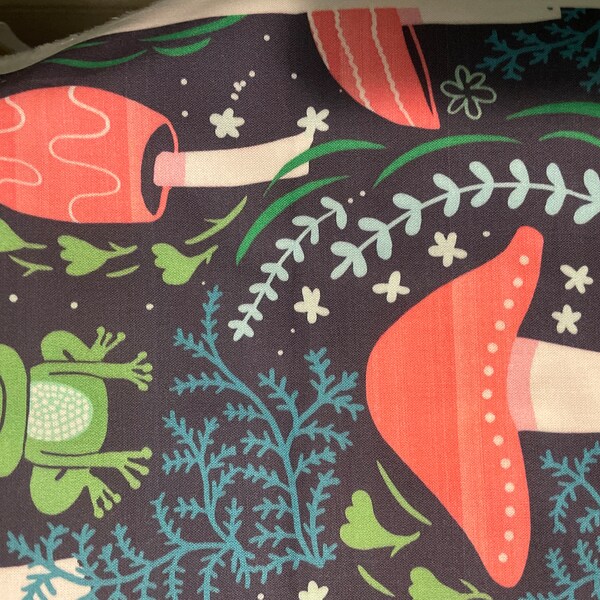 Toad Fabric - Mushrooms, Toadstools and Frogs by Creativeinchi - Navy ...
