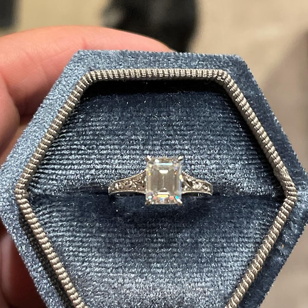Victorian 2ct Emerald Cut Moissanite Engagement Ring Engraved ...
