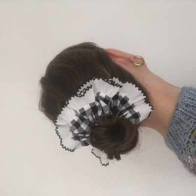 Olive Green Gingham Frill Scrunchie, White Pink Pleated Trim, 15cm ...