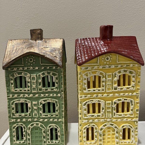 Set of Four Colorful Ceramic Houses, Ceramic Village, Tea Light Houses ...