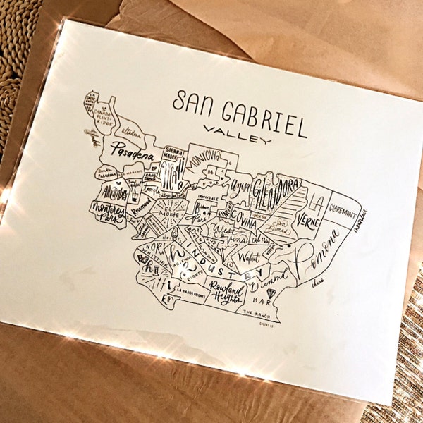 San Gabriel Valley Neighborhood Map Print - Handlettered - Map of SGV ...