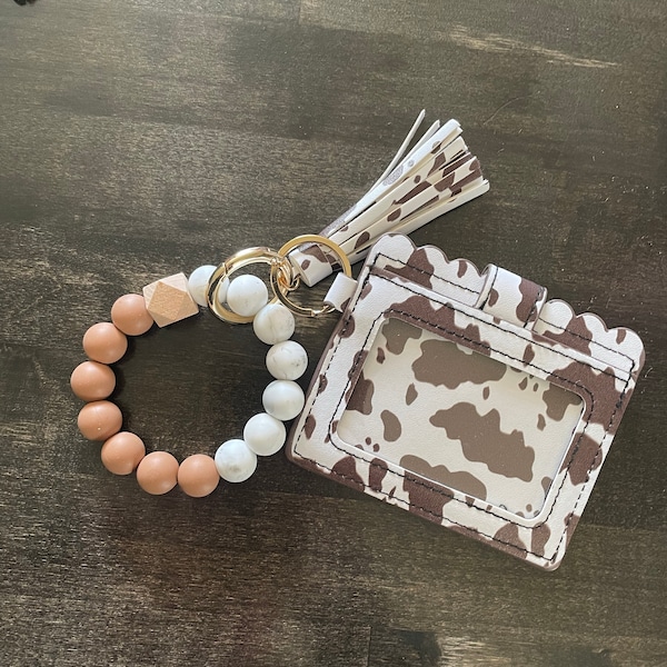 Cow Print Beaded Wristlet Keychain| Cow Print Silicone Bead Bangle ...