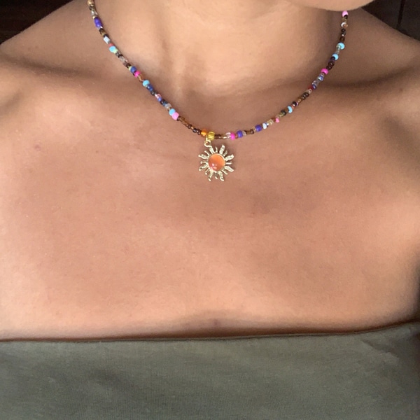Gold Sun Pendant Choker,sun Necklace,beaded Choker,beaded Necklace ...