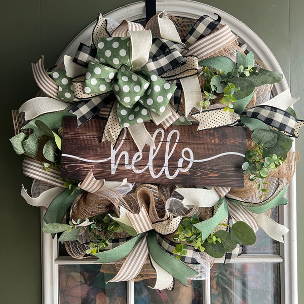 Any Season Wreath, Farmhouse Country Sage Green Rustic Hello Wreath ...