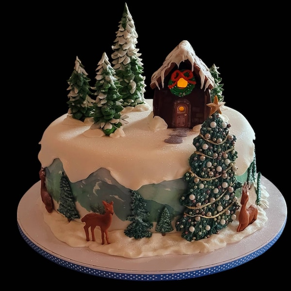 Snowy Mountain Landscape Edible Cake Wrap or Winter Cabin Cake Topper ...