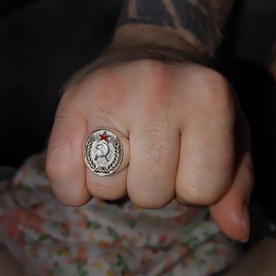 Sterling Silver Ring Hammer and Sickle in Laurel Wreath With Red Enamel ...