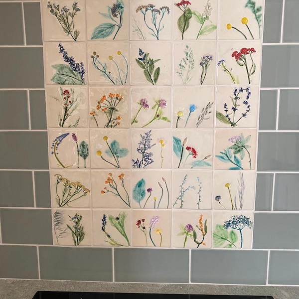Flower Meadow” Tile Set, Handmade Ceramic Tiles, Natural Clay Color ...