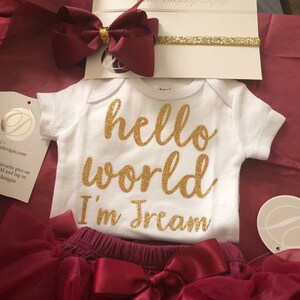 Hello World Outfit in Gold Glitter and Wine/burgundy/maroon Baby Girl ...