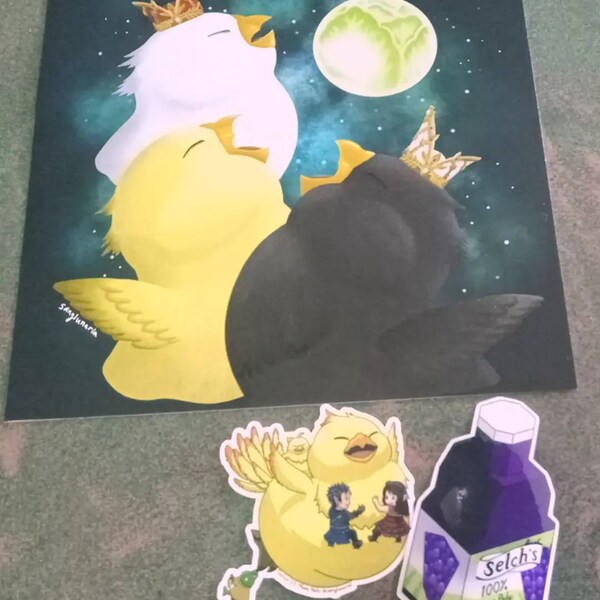 Three Fat Chocobo Moon Print // FFXIV Chocobo Gysahl Green Art Print - Etsy