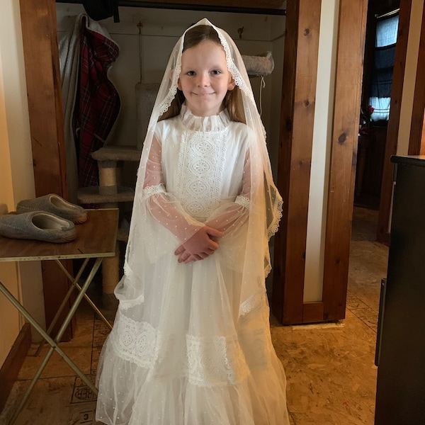 Classic Communion Dress With Lace Sleeves and Veil | Catholic Communion ...