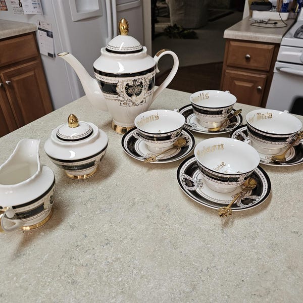 Gorgeous Black and Gold Tea Set, Bat, Cat, Crow and Moth Design ...