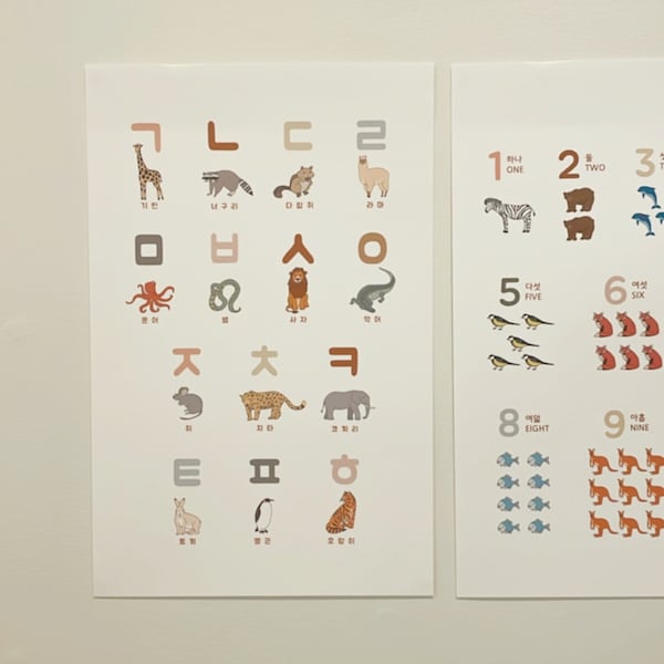 Set of Two - Korean Alphabet and Numbers Posters With Animals, Hangul ...