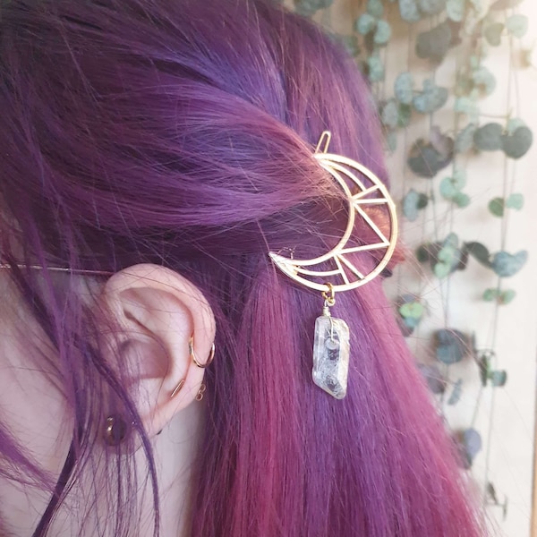 Crescent Moon Dangle Hair Clip, Quartz Dangle Hair Clip, Celestial Hair ...