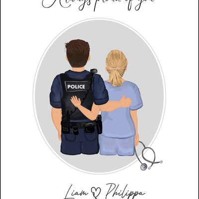 FRAMED COUPLE PORTRAIT Nurse Police Illustration Custom - Etsy UK