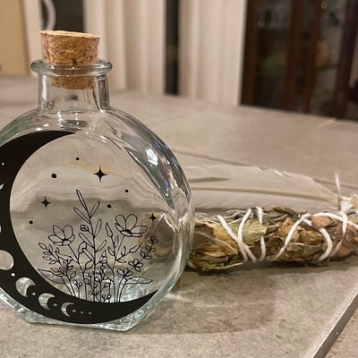 Moon Phase & Floral Glass Bottle With Cork Full Moon Dark Moon Moon ...
