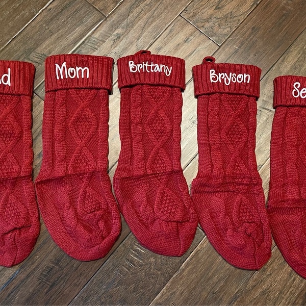 Personalized Stocking, Embroidered Stocking, Red Cable Knit Stocking ...